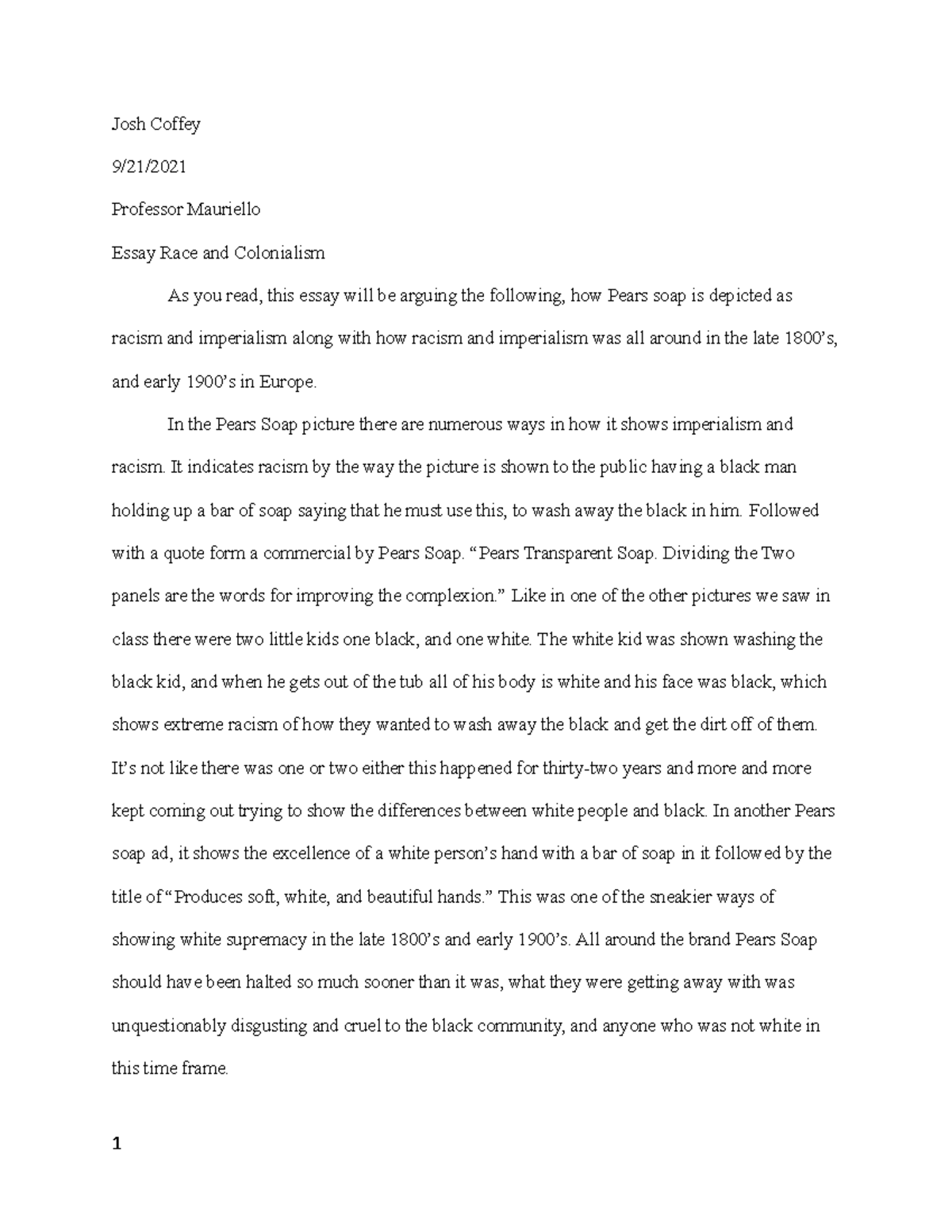 Race colonialism - required work - Josh Coffey 9/21/ Professor ...