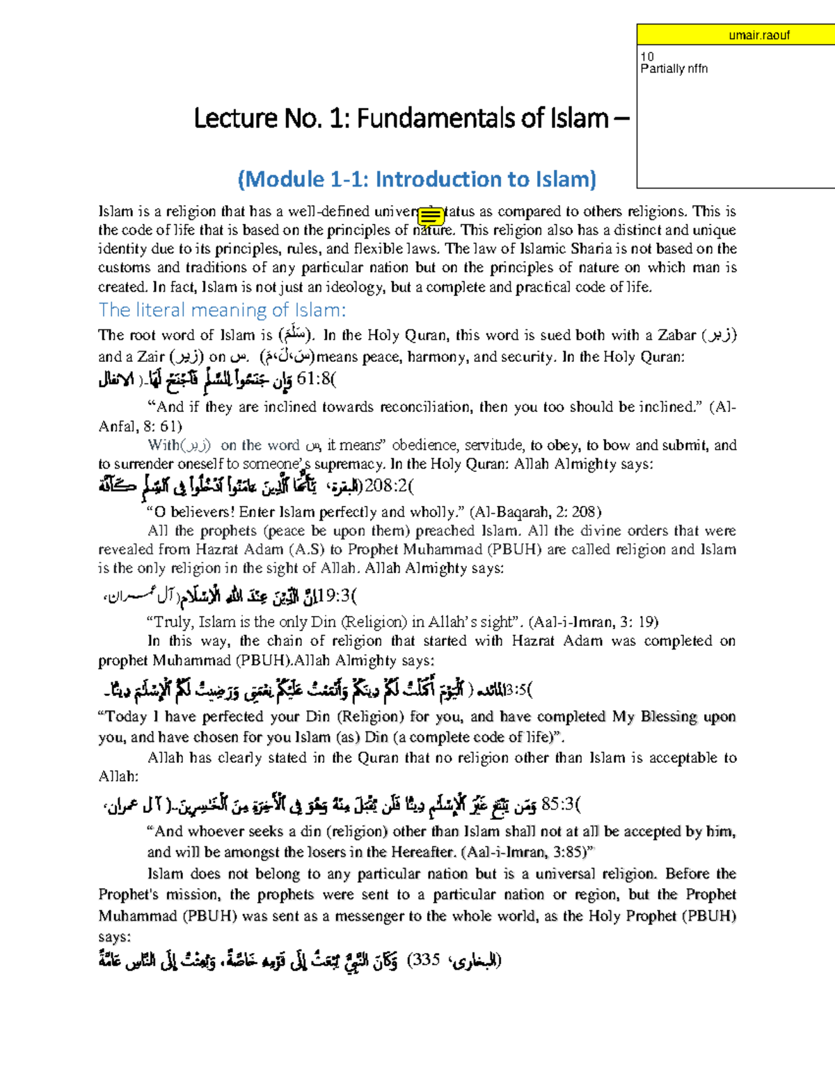 Handouts Lecture 01 ISL 202 (English) - Lecture No. 1: Fundamentals of Islam – I (Module 1-1 ...