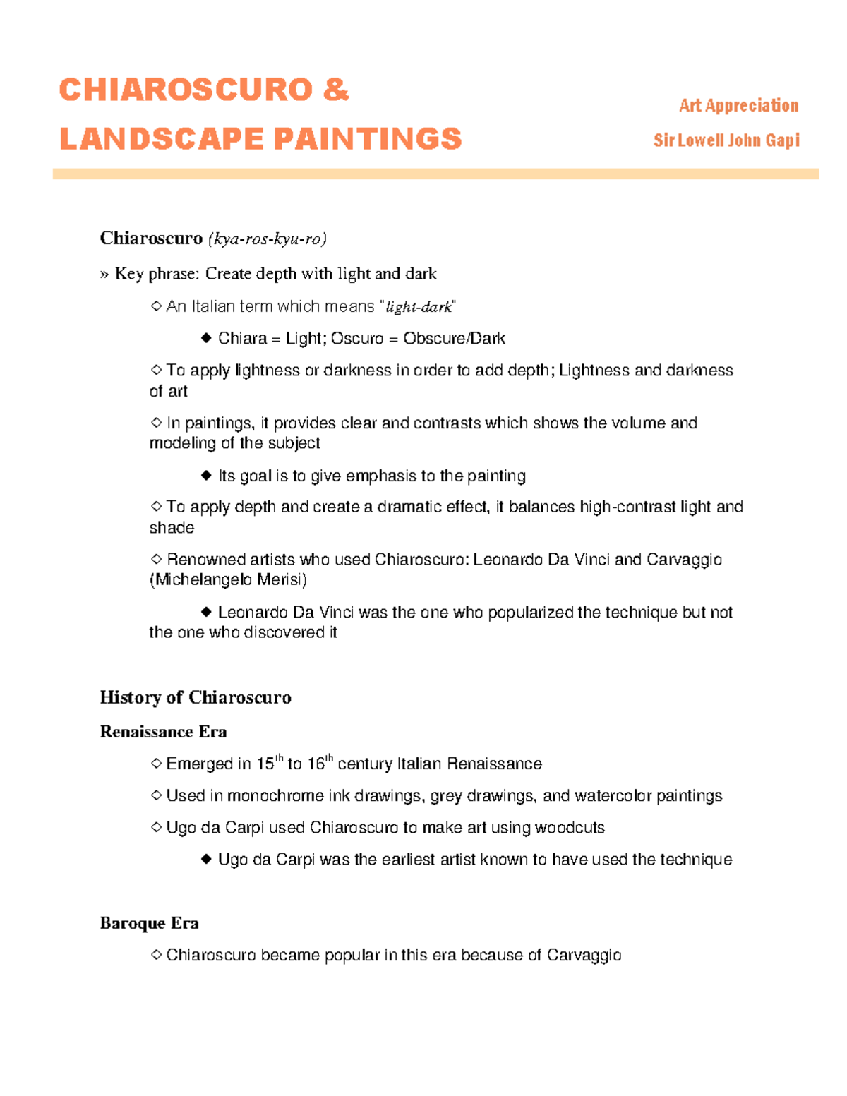 Lesson 2 in Art Appreciation - Ciaroscuro and Landscape Paintings ...