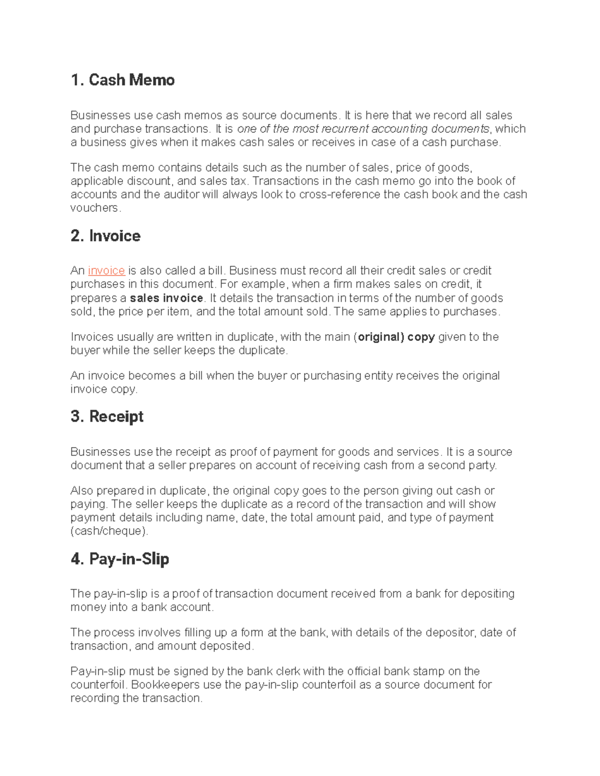 Accountancy 1 - 1. Cash Memo Businesses use cash memos as source ...