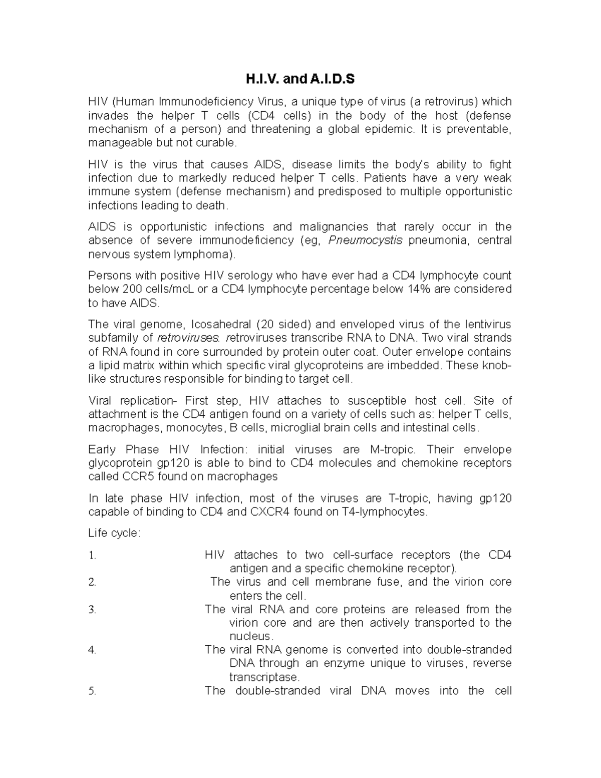 HIV lecture Notes - H.I. and A.I.D HIV (Human Immunodeficiency Virus, a ...