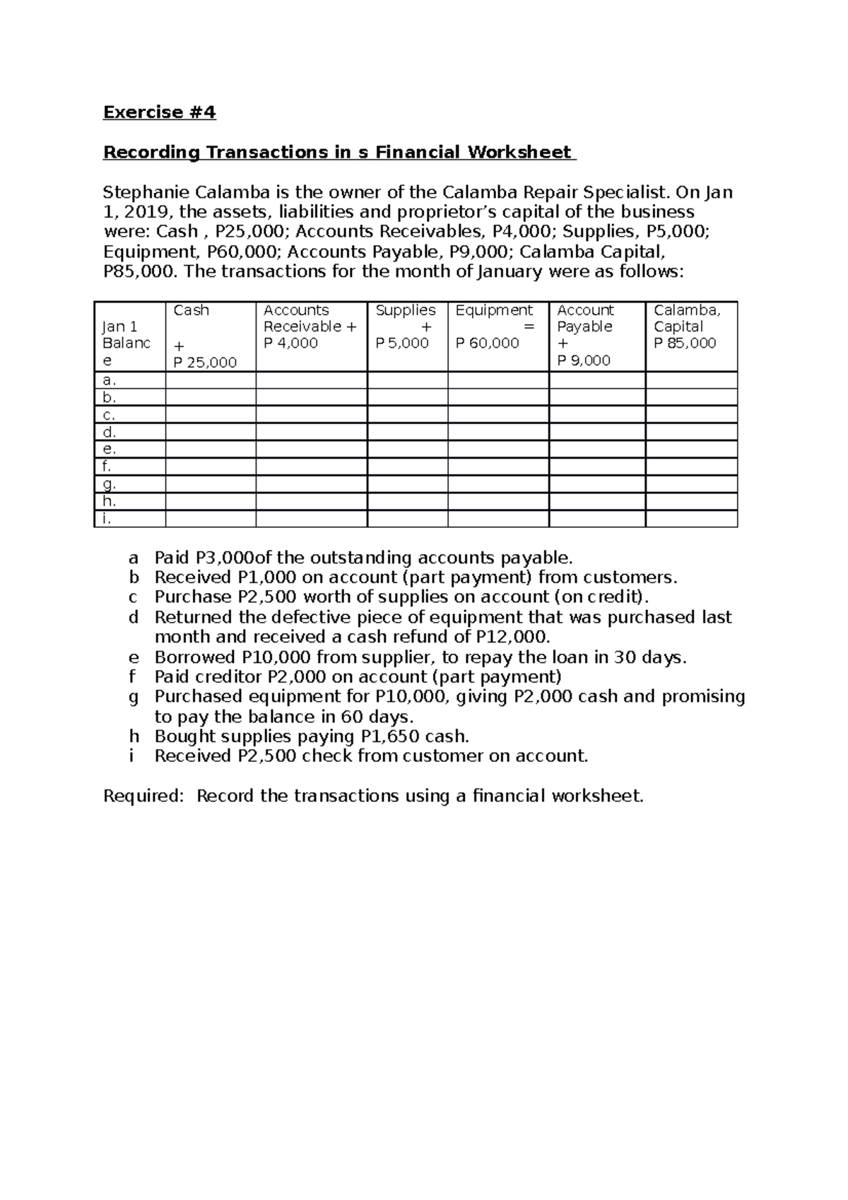 Exercise 4 Recording Transactions in s Financial Worksheet exercise ...