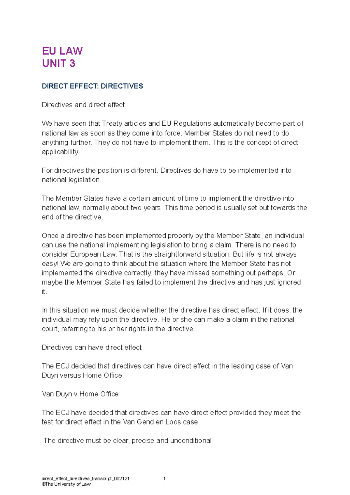 Direct effect directives transcript 002121 - EU LAW UNIT 3 DIRECT ...