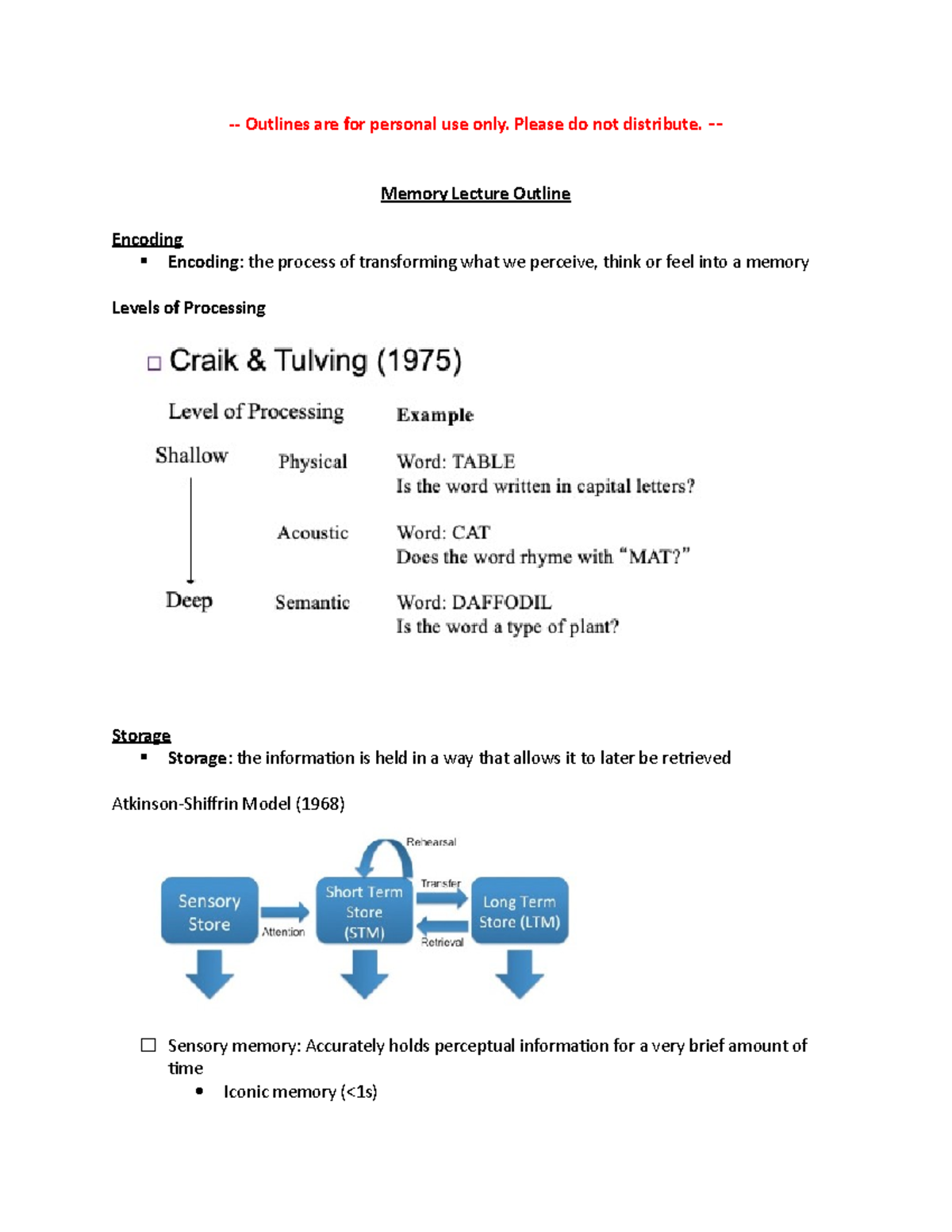 Psychology 10 - Professor Clark - Memory Part 1 Outline - Outlines are ...
