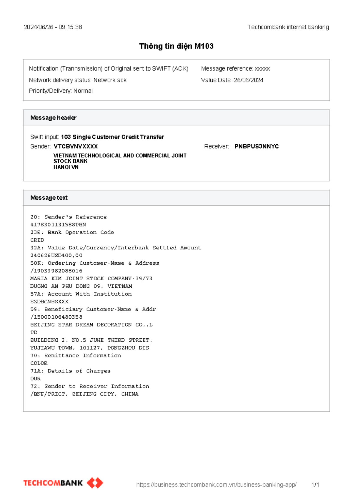 MT103 Funds - GIẤY GIỚI THIỆU - 11221 - 2024/06/26 - 09:15:38 Techcombank internet banking - Studocu