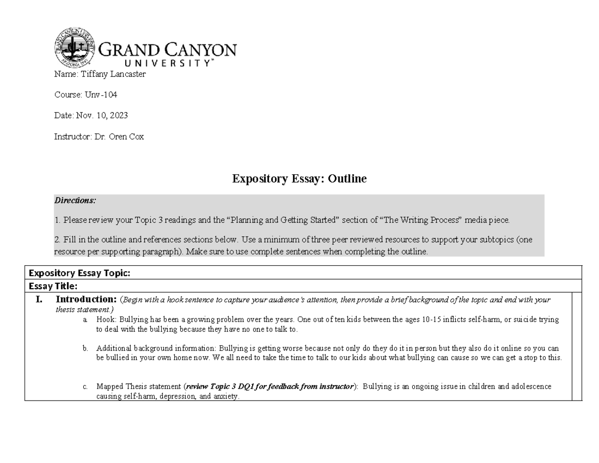 UNV 104 RS T3 Expository Essay Outline - Name: Tiffany Lancaster Course ...