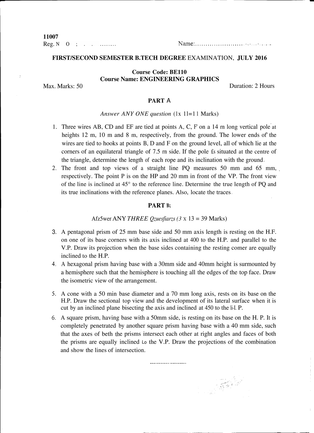 2016-07 - PYQ to practice - I I 11007 Reg. N O ; . . I * -. * l I I * I ...