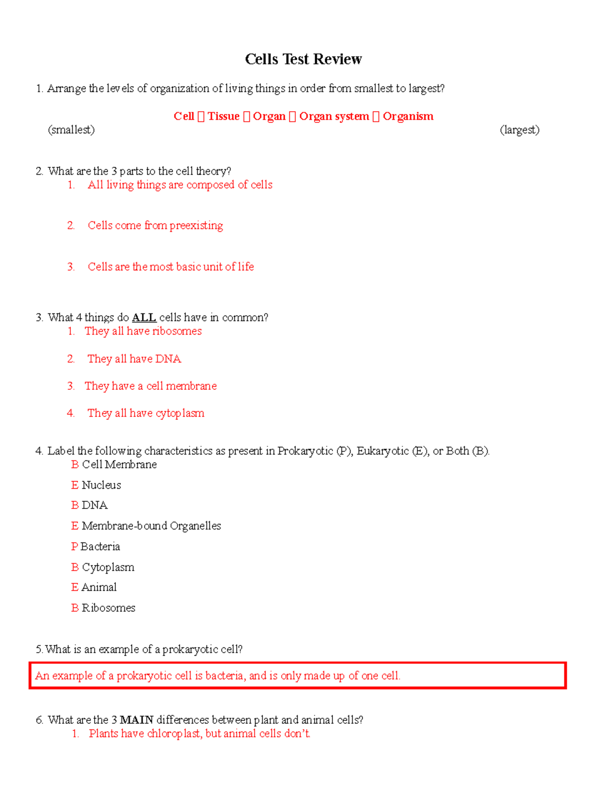 Cells Test Review - Cells Test Review Arrange the levels of ...