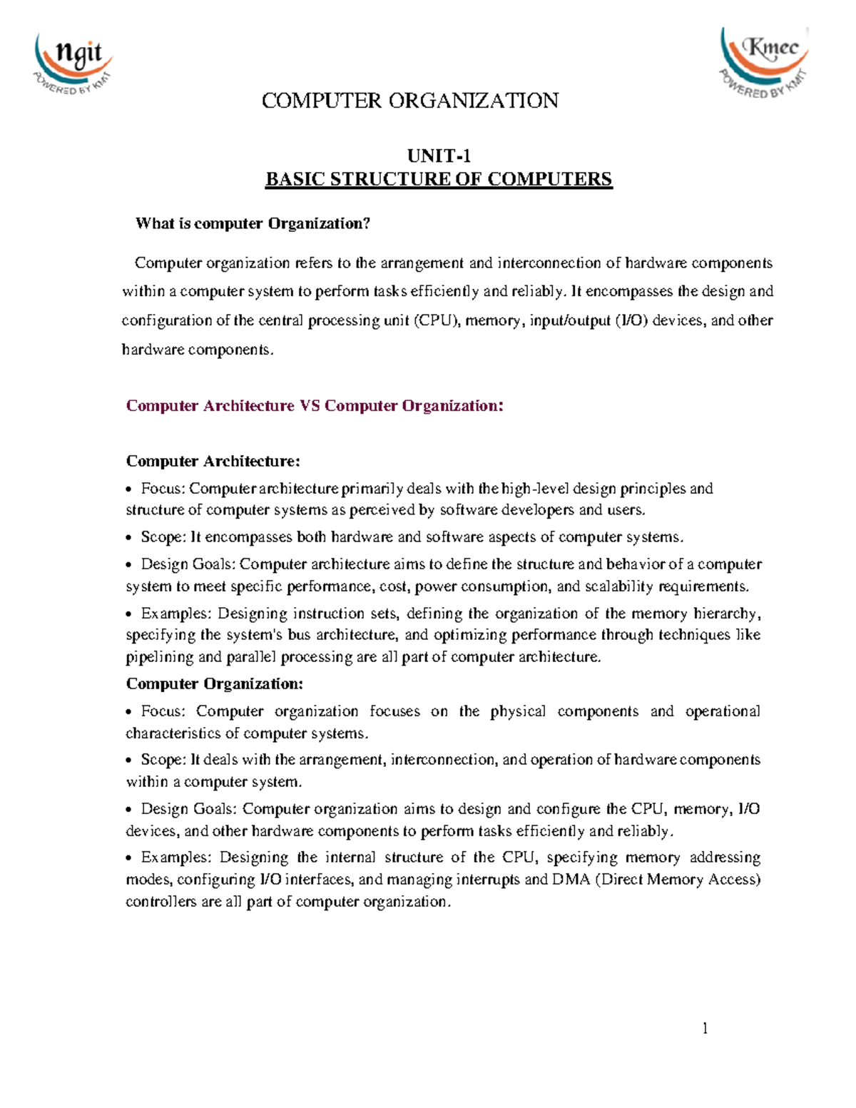 CO UNIT-1 - ml,l,. - UNIT- 1 BASIC STRUCTURE OF COMPUTERS What is computer Organization ...