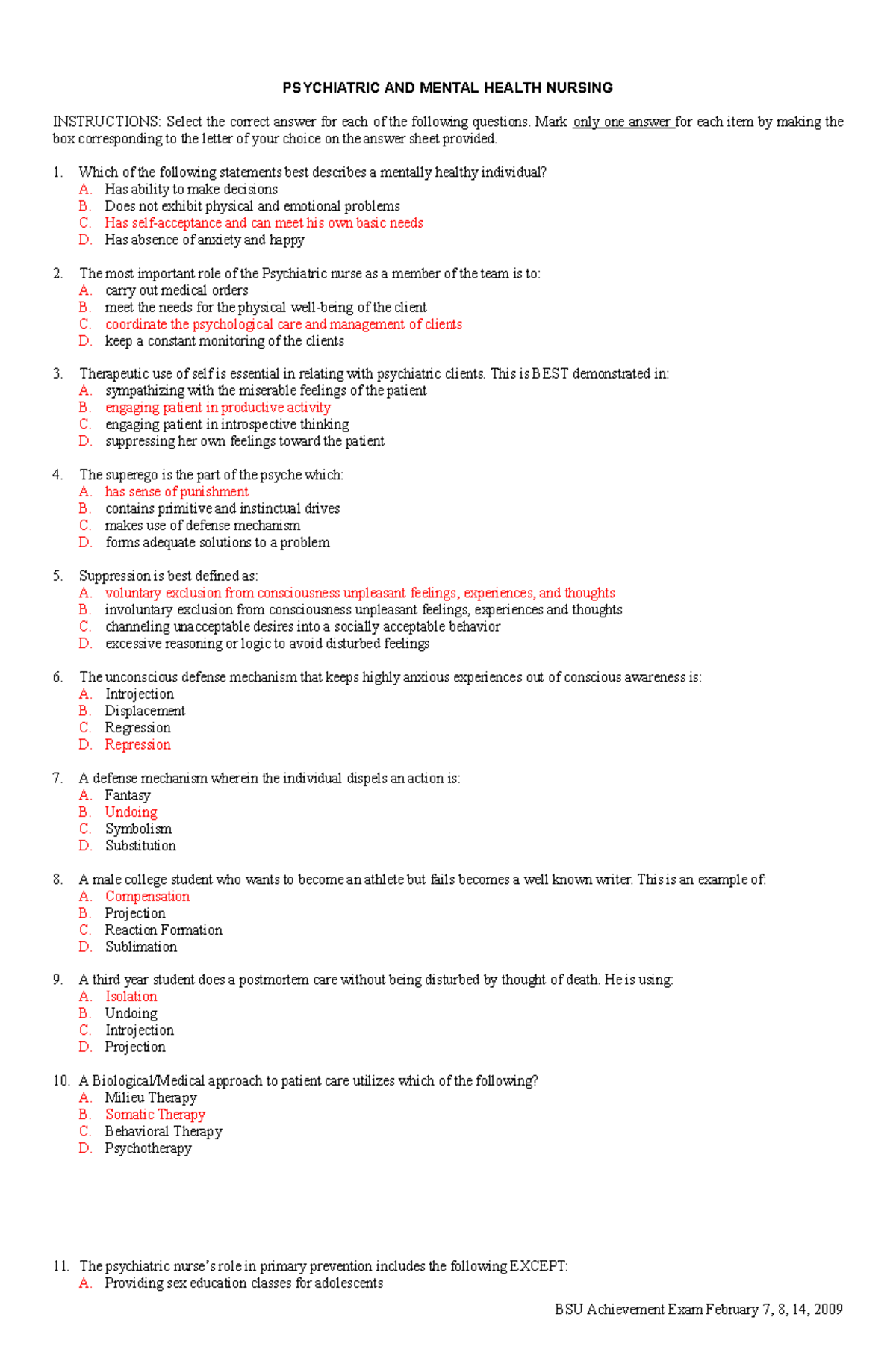 PSYCHIATRIC AND MENTAL HEALTH NURSING ANSWER KEY - PSYCHIATRIC AND ...