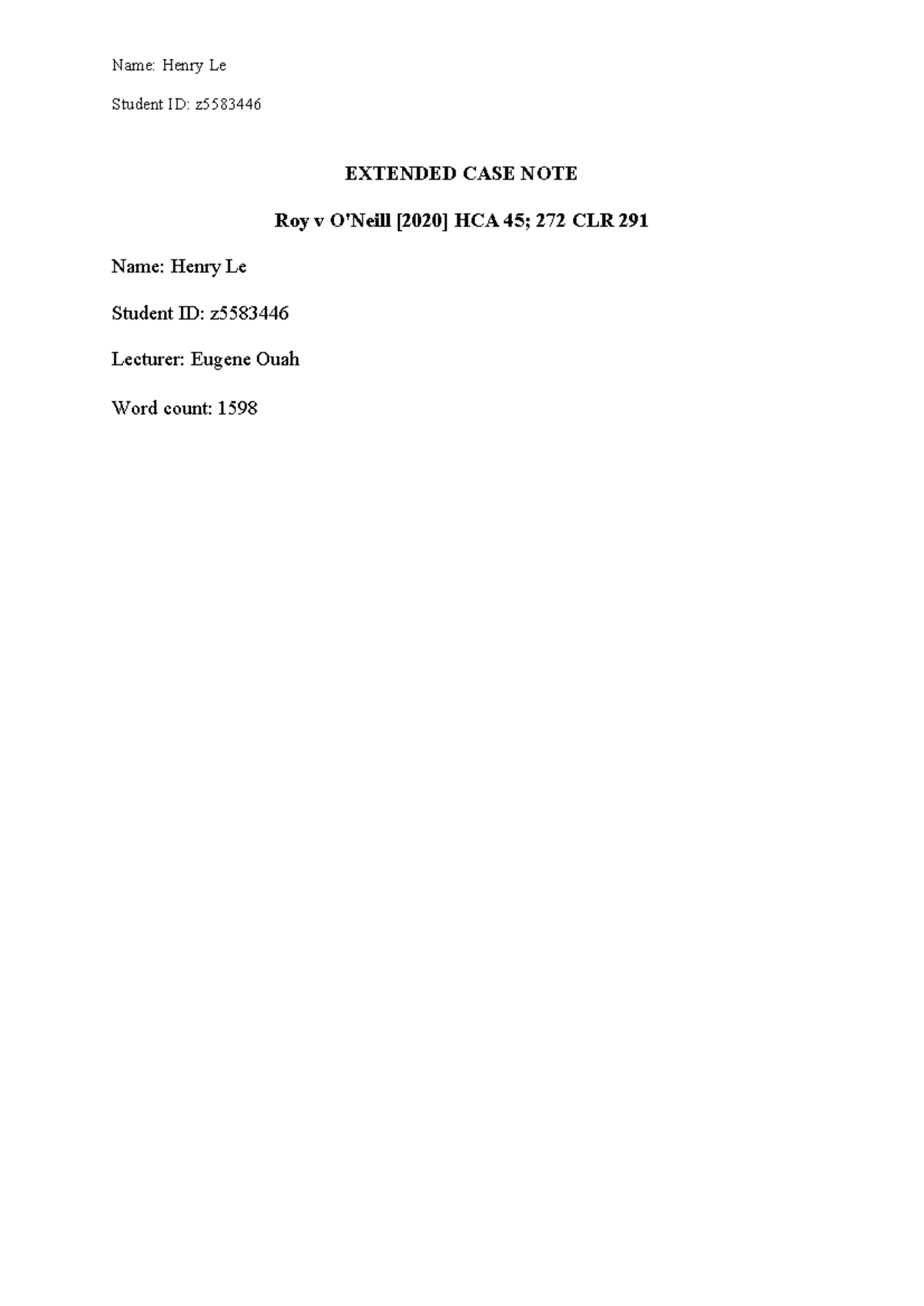 Extended CASE NOTE - Student ID: z EXTENDED CASE NOTE Roy v O'Neill ...