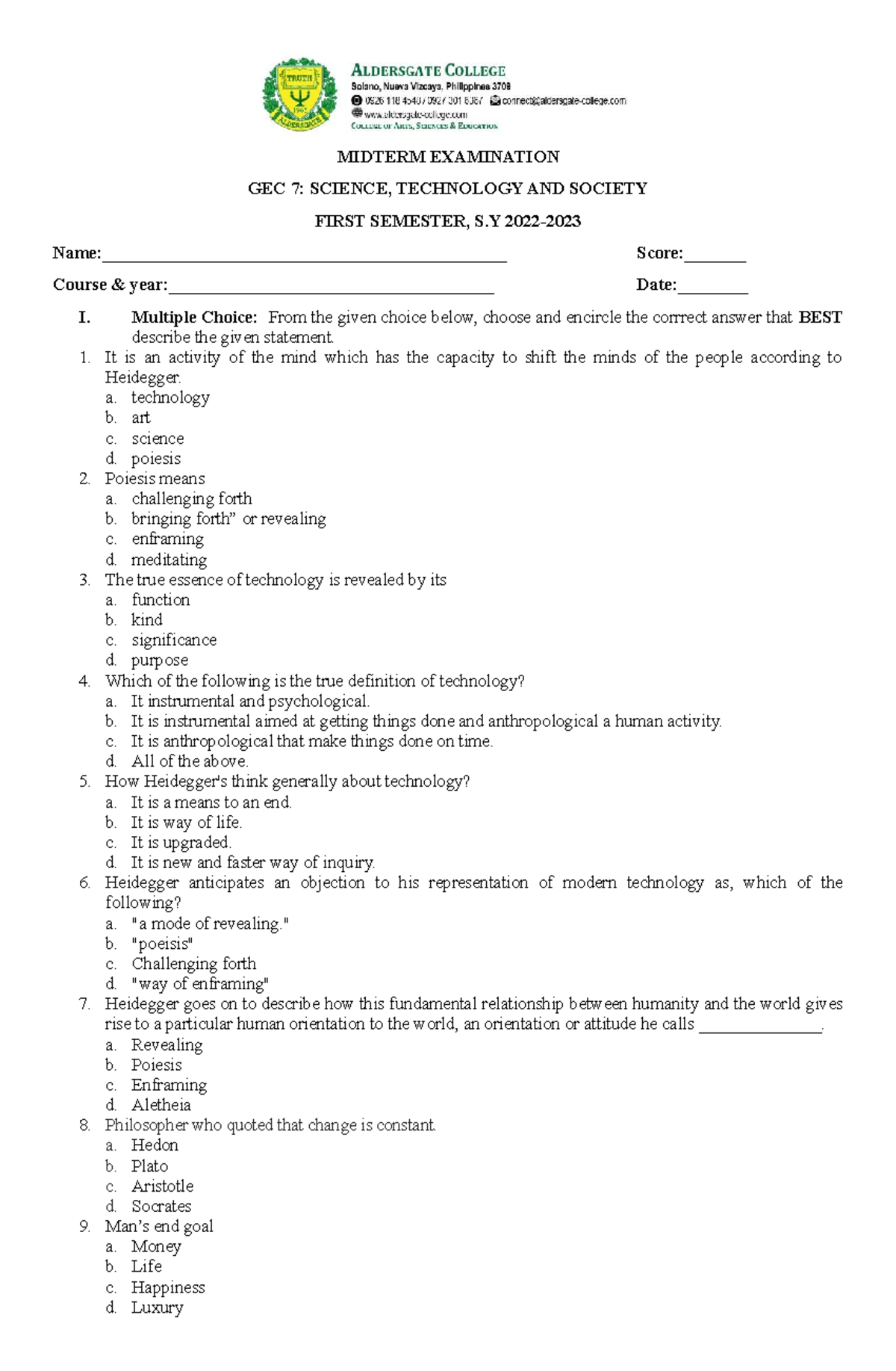 Sts exam correction - sts examination - MIDTERM EXAMINATION GEC 7: SCIENCE, TECHNOLOGY AND ...