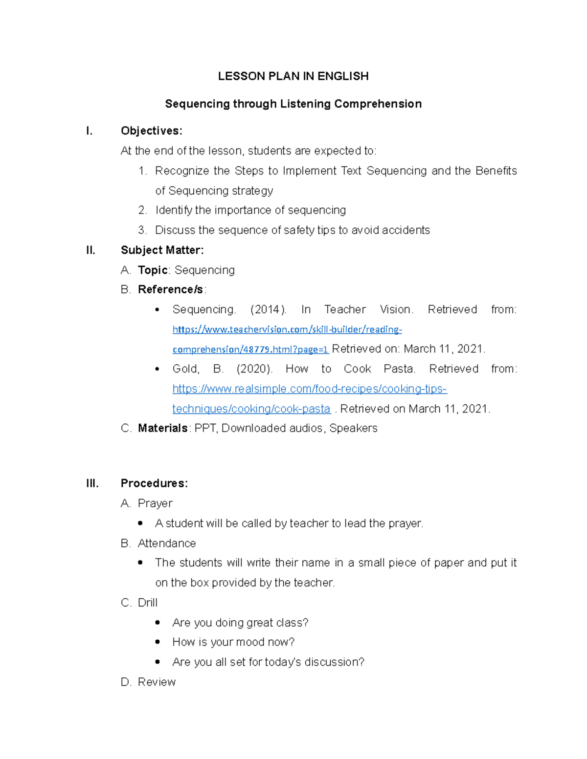 Lesson PLan for Listening Skills - LESSON PLAN IN ENGLISH Sequencing ...