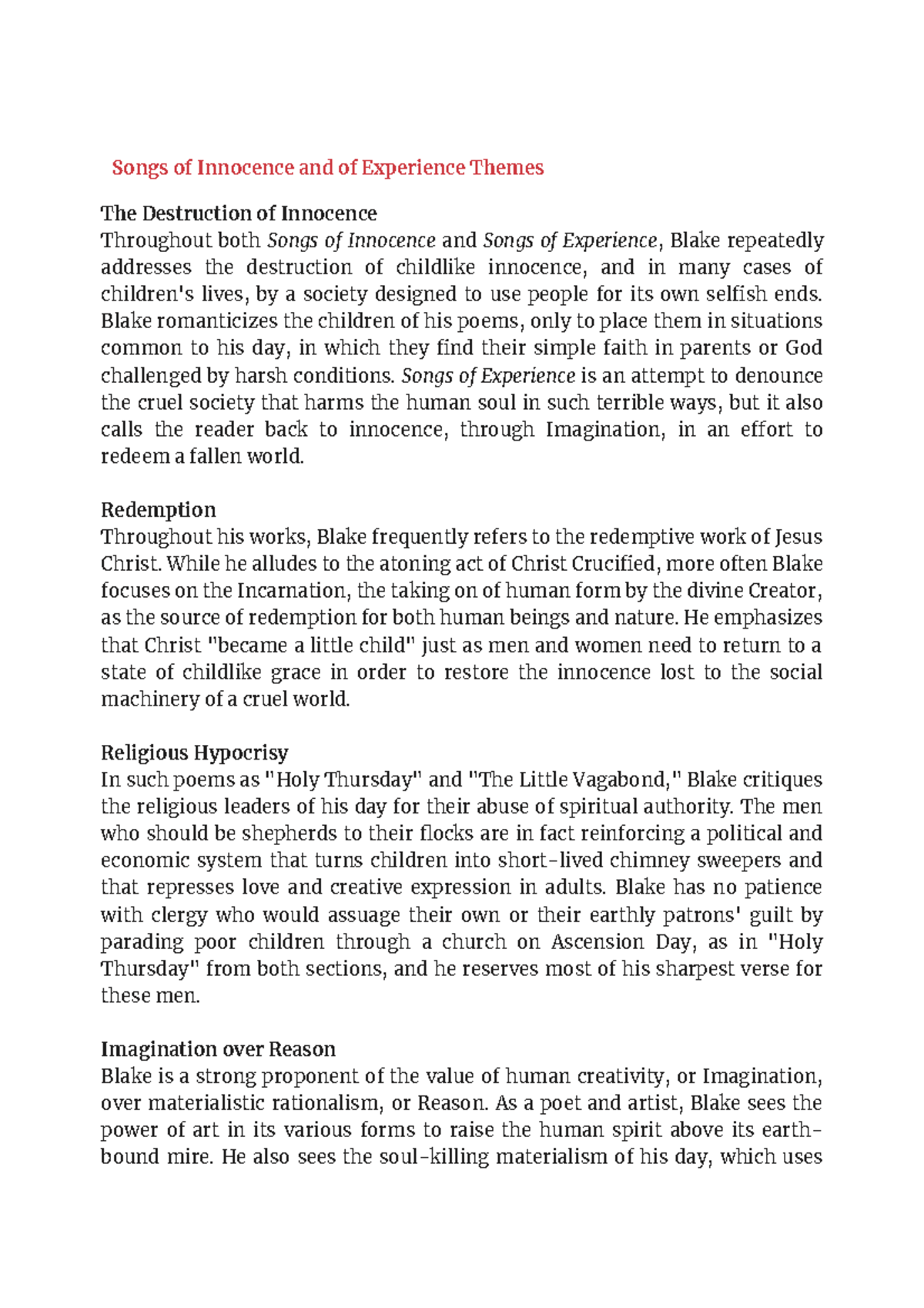 Songs of Innocence and of Experience Themes information - Songs of ...