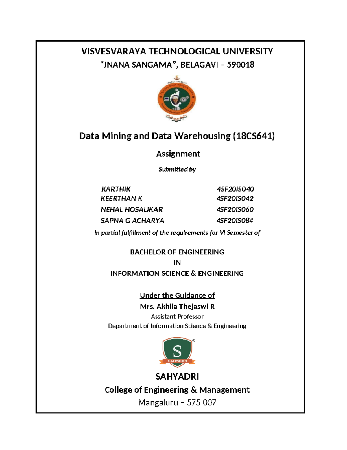 data mining report - VISVESVARAYA TECHNOLOGICAL UNIVERSITY “JNANA SANGAMA”, BELAGAVI – 590018 ...