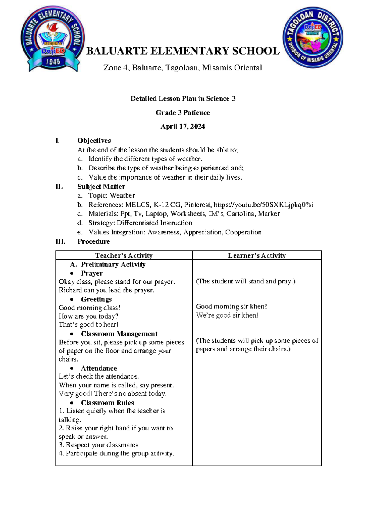 Final Demo DLP Science Grade 3 - BALUARTE ELEMENTARY SCHOOL Zone 4, Baluarte, Tagoloan, Misamis ...