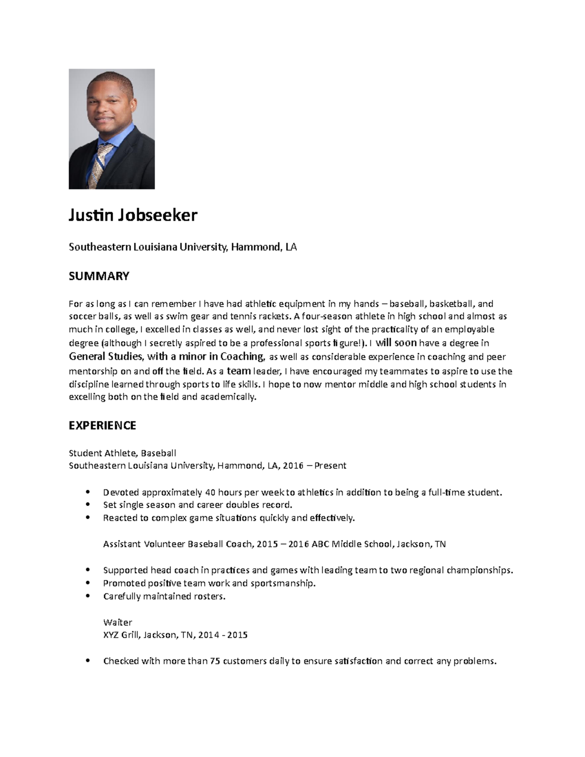 Mock Linkedin Profile Justin Jobseeker Southeastern Louisiana University Hammond La Summary 