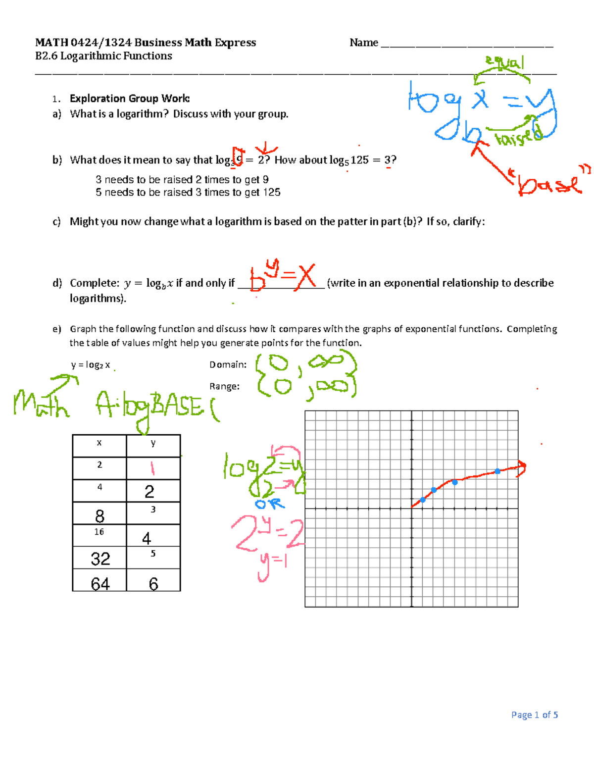 Notes B 2.6 Logarithmic Functions - MATH 0424/1324 Business Math ...