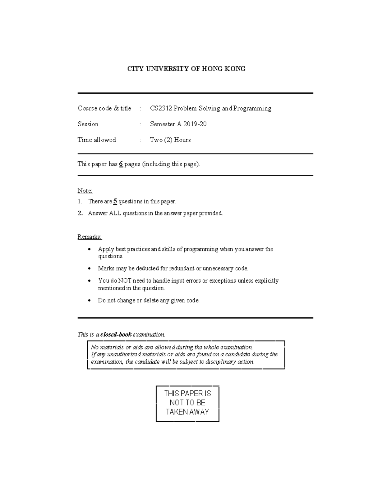 Cs2312 201920A Exam Qu Paper - CITY UNIVERSITY OF HONG KONG Course code & title : CS2312 Problem ...
