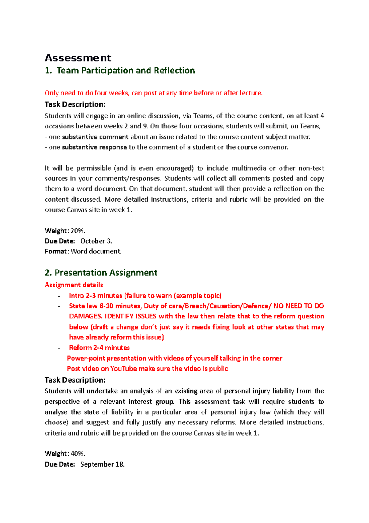 Torts 2 - notes - Assessment 1. Team Participation and Reflection Only ...
