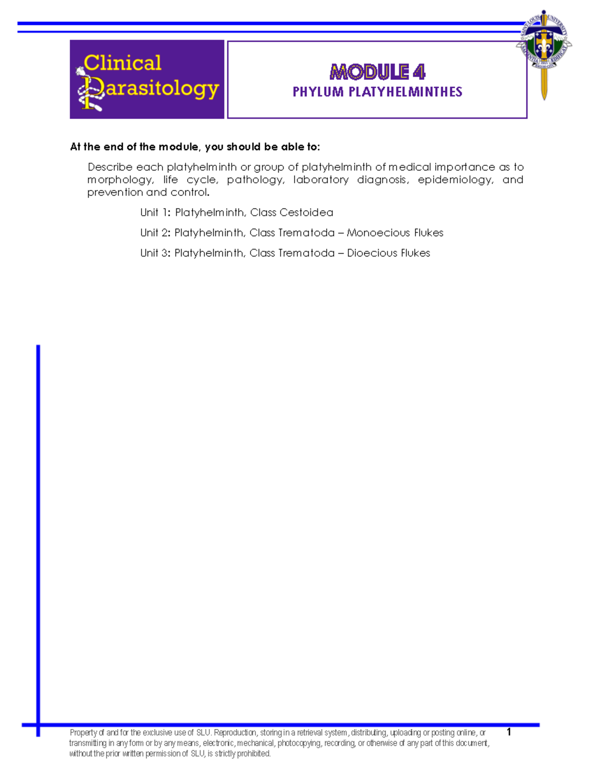 MLS 315 Clin Parasit Module 4 Unit 1 - At the end of the module, you should be able to: Describe ...