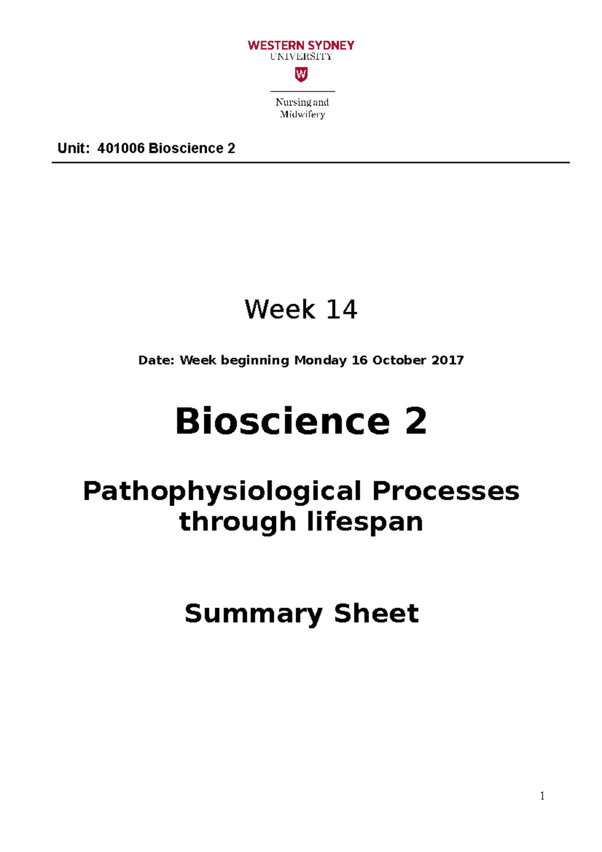 Pathophysiological Processes. Summary Sheet - Unit: 401006 Bioscience 2 ...