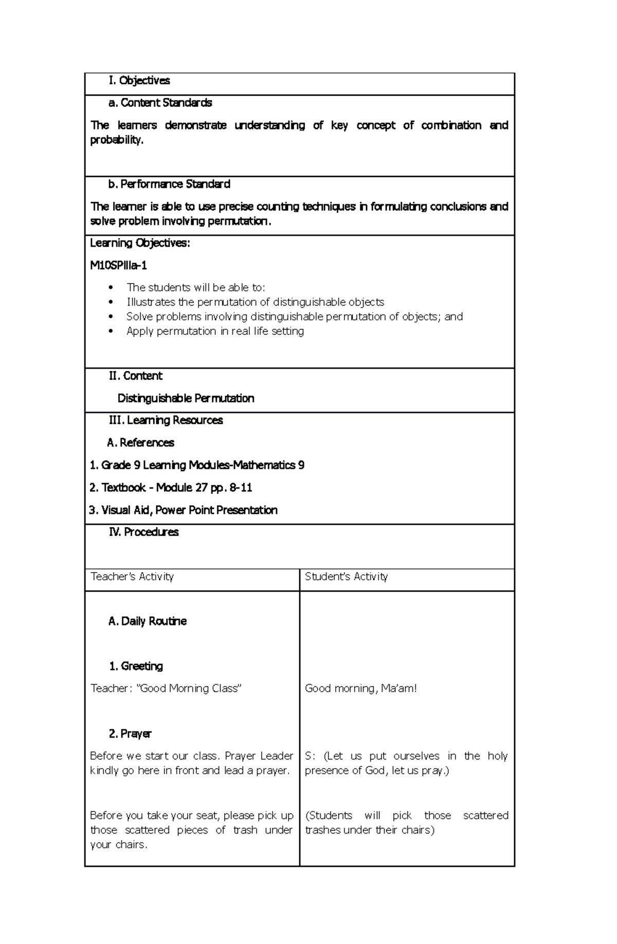 Permutation - Lesson plan - I. Objectives a. Content Standards The ...