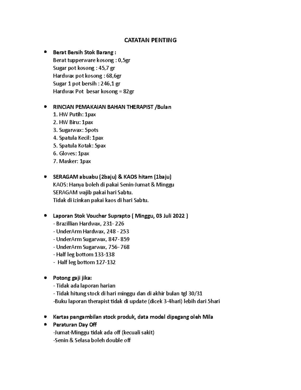 Catatan Penting Setiap HARI - CATATAN PENTING Berat Bersih Stok Barang : Berat tupperware kosong ...