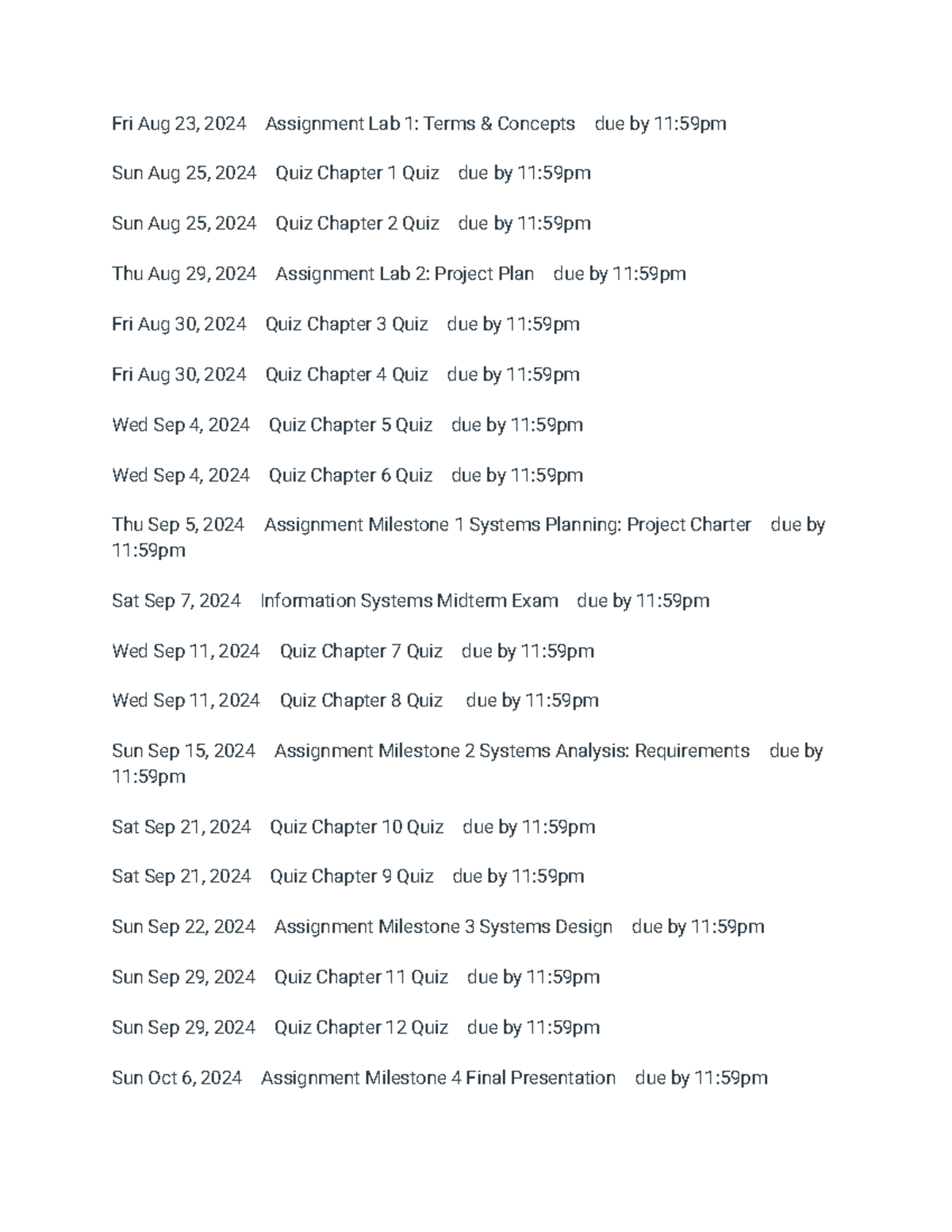 Course Due Dates - Fri Aug 23, 2024 Assignment Lab 1: Terms & Concepts ...