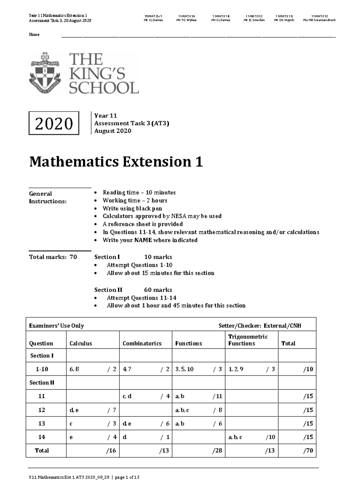 Y11 Ext1 AT3 2020 w solns - Year 11 Mathematics Extension 1 Assessment ...