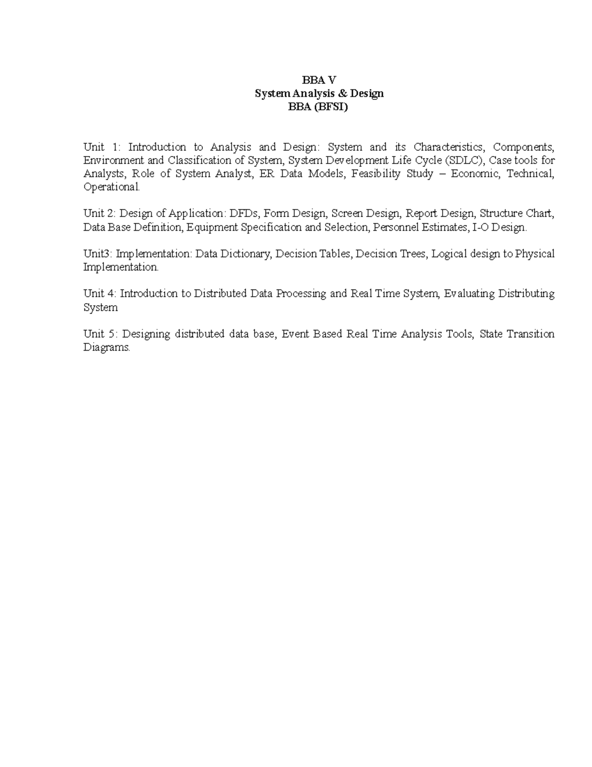 SAD Unit I - Lecture Notes - BBA V System Analysis & Design BBA (BFSI ...