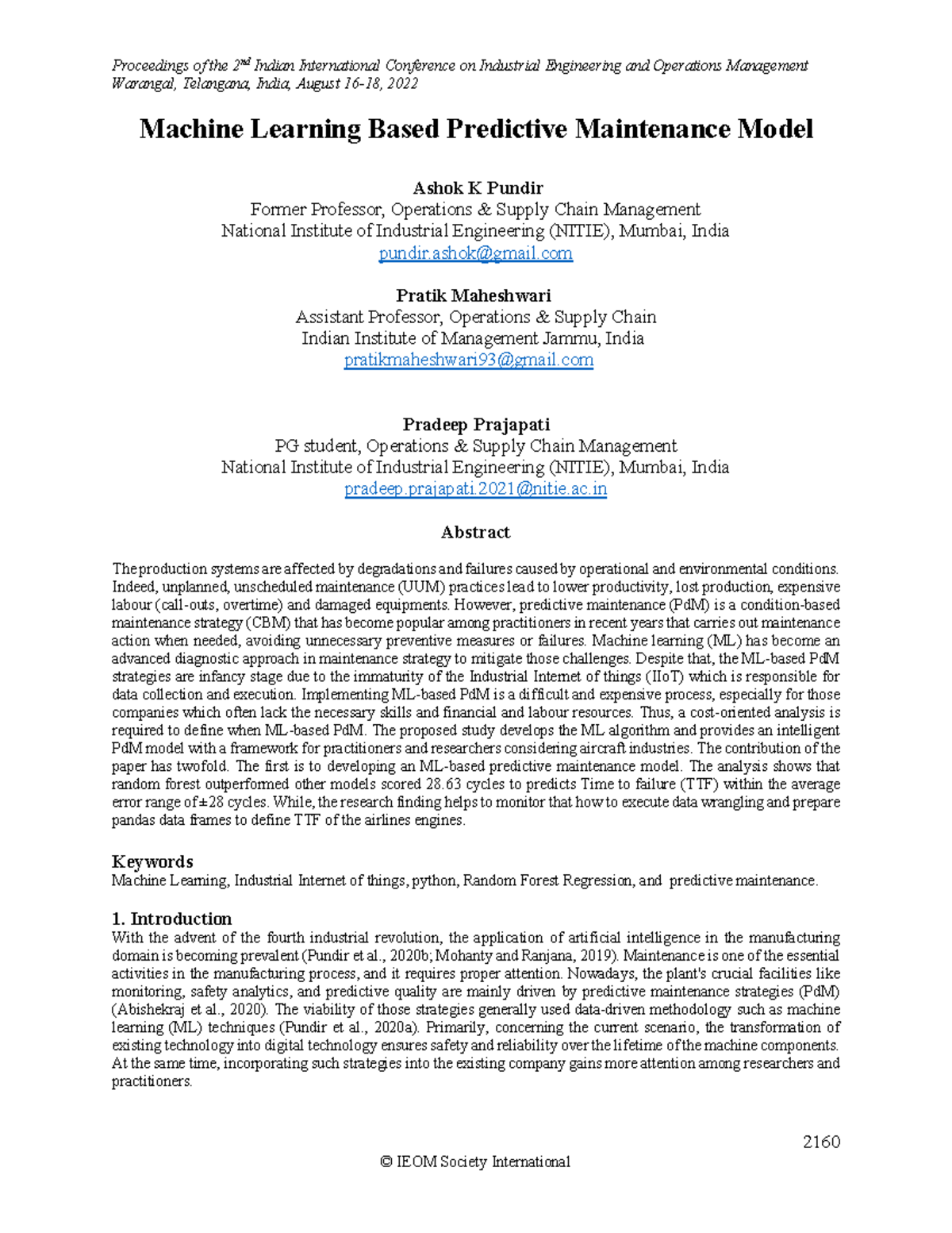 Machine Learning Based Predictive Maintenance Model - Warangal, Telangana, India, August 16-18 ...