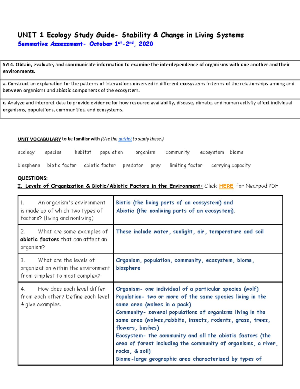 2020 Unit 1 Ecology Study Guide with Answers - UNIT 1 Ecology Study ...