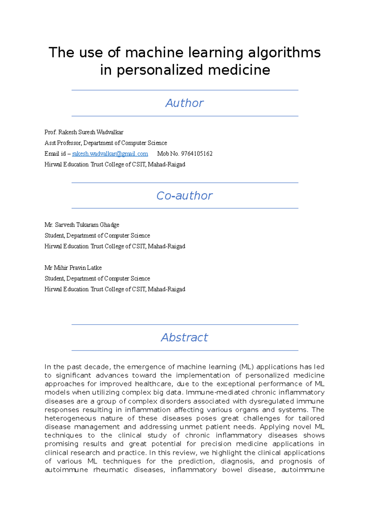 research paper - The use of machine learning algorithms in personalized ...