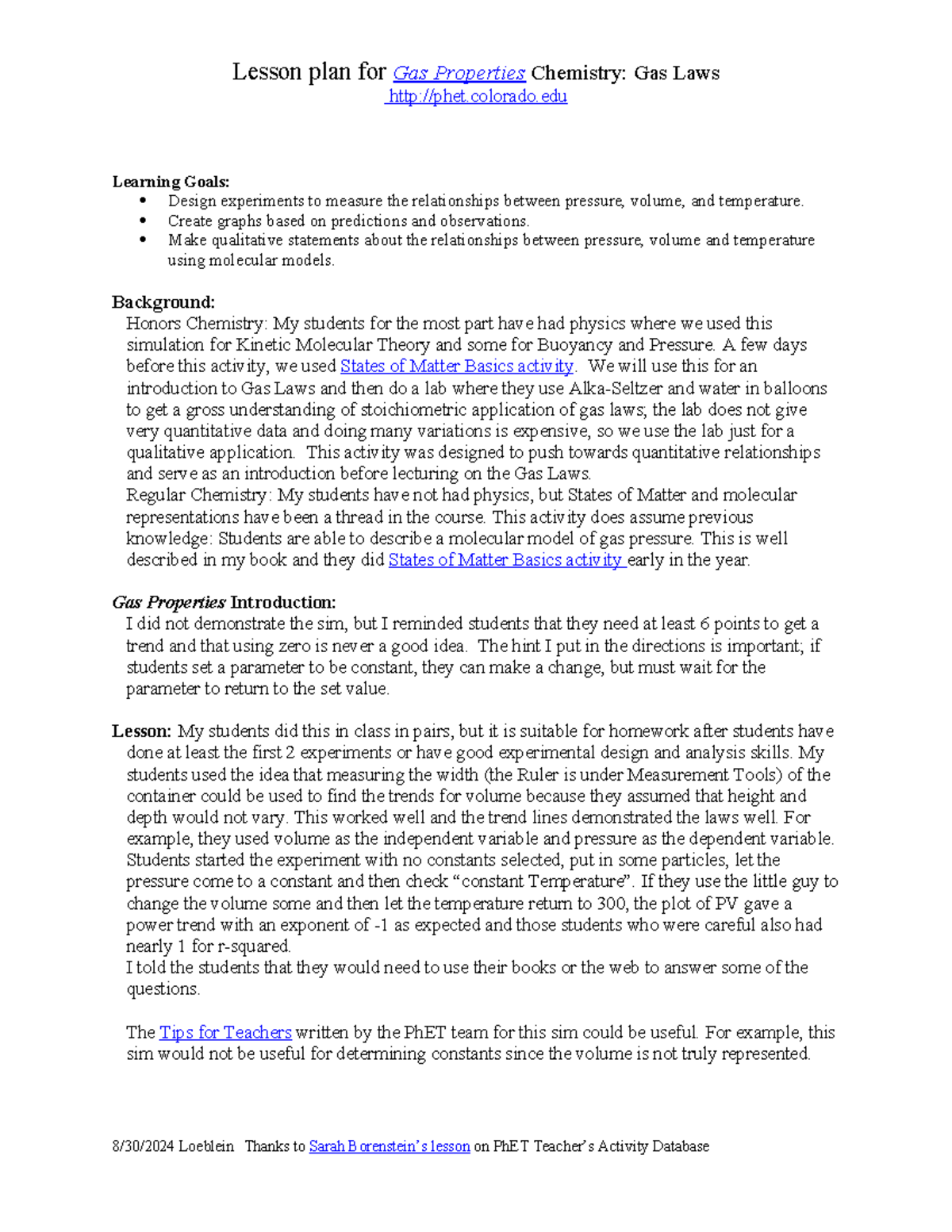 Gas Properties Lesson plan laws - Lesson plan for Gas Properties ...