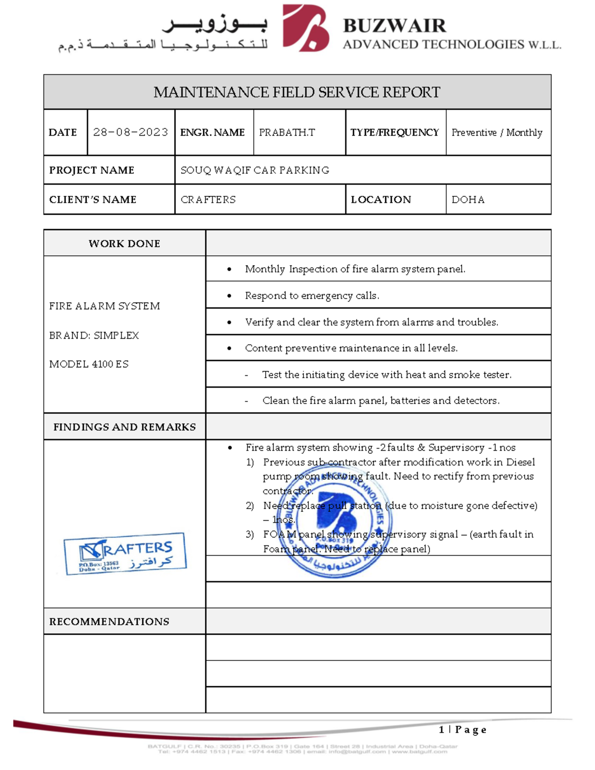 16.2 Fire alarm System north parkaug - MAINTENANCE FIELD SERVICE REPORT ...