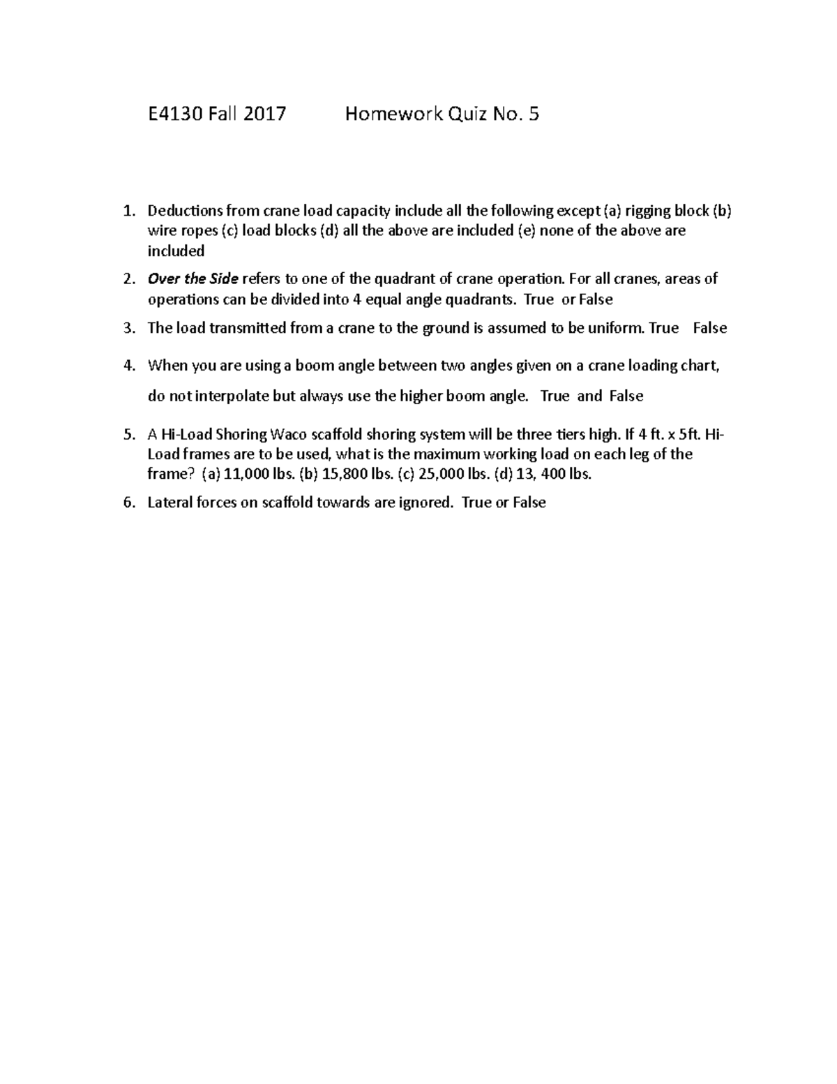 E4130 Fall 2017 Homework Quiz No 5 - 5 Deductions from crane load ...