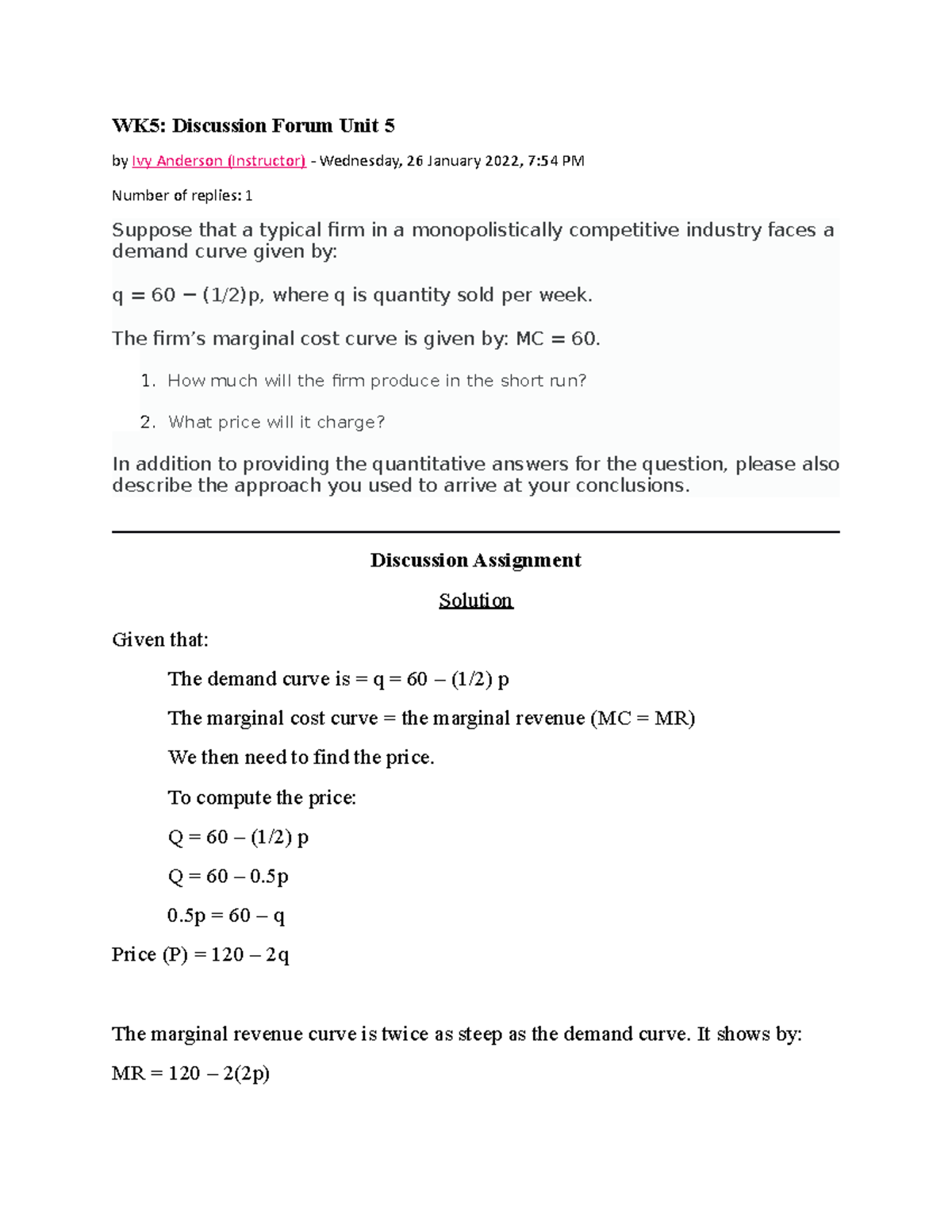 Discussion assignment unit 5 Introduction to Economics ECON 1580 - WK5 ...