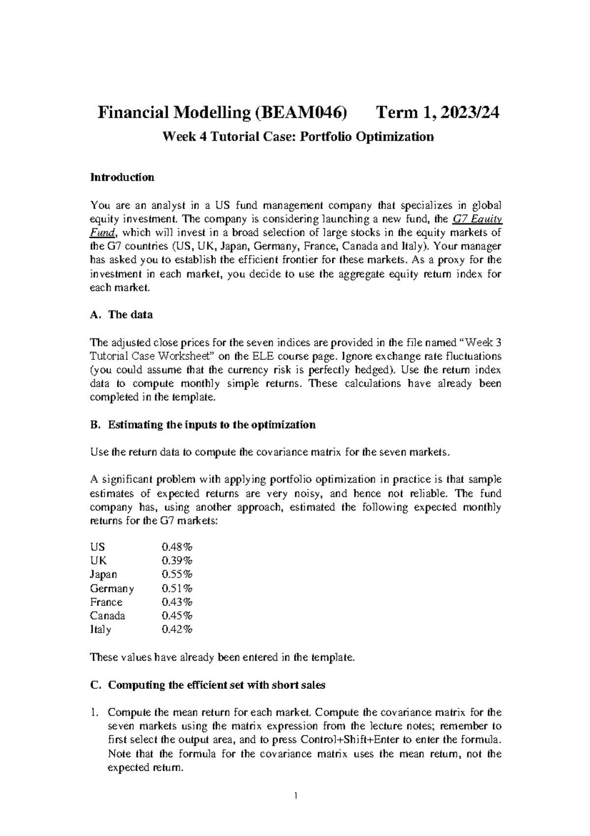 Week 4 Tutorial Case - Stuff given in class - 1 Financial Modelling ...