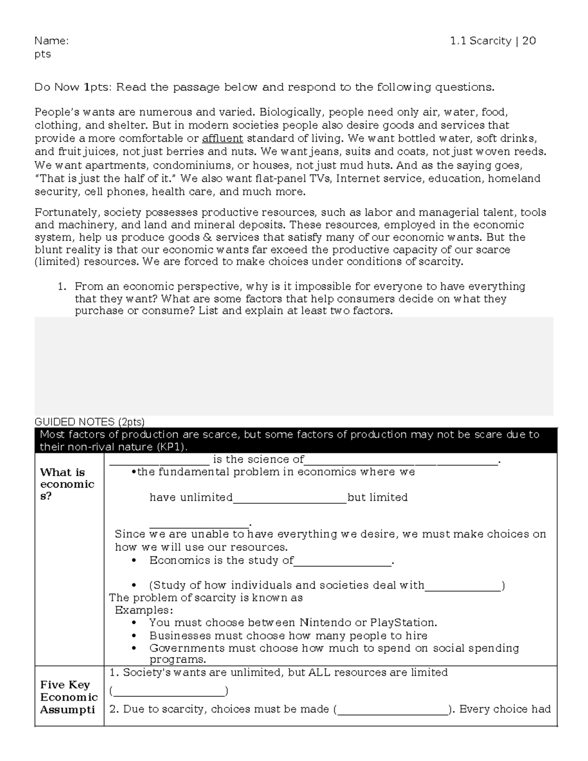 1.1 Scarcity Lesson Materials - Name: 1 Scarcity | 20 pts Do Now 1pts ...