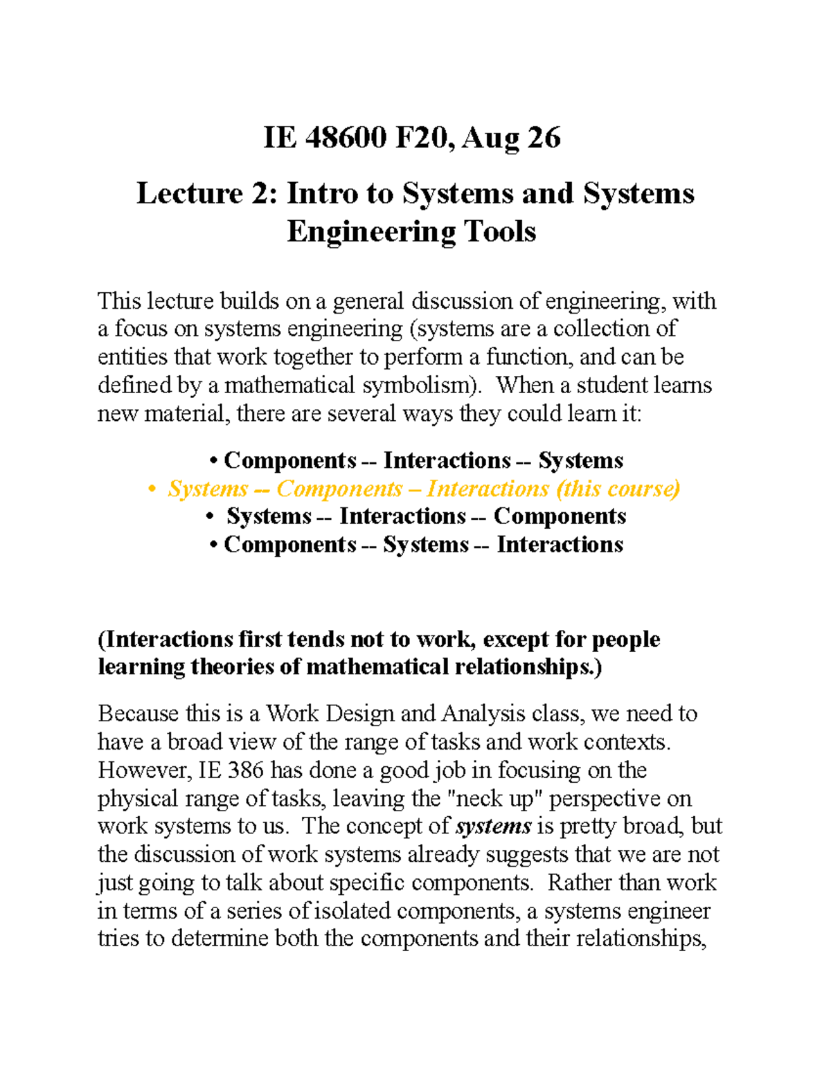 Lect2 SE IE486F20 26Aug20 - IE 48600 F20, Aug 26 Lecture 2: Intro to Systems and Systems ...