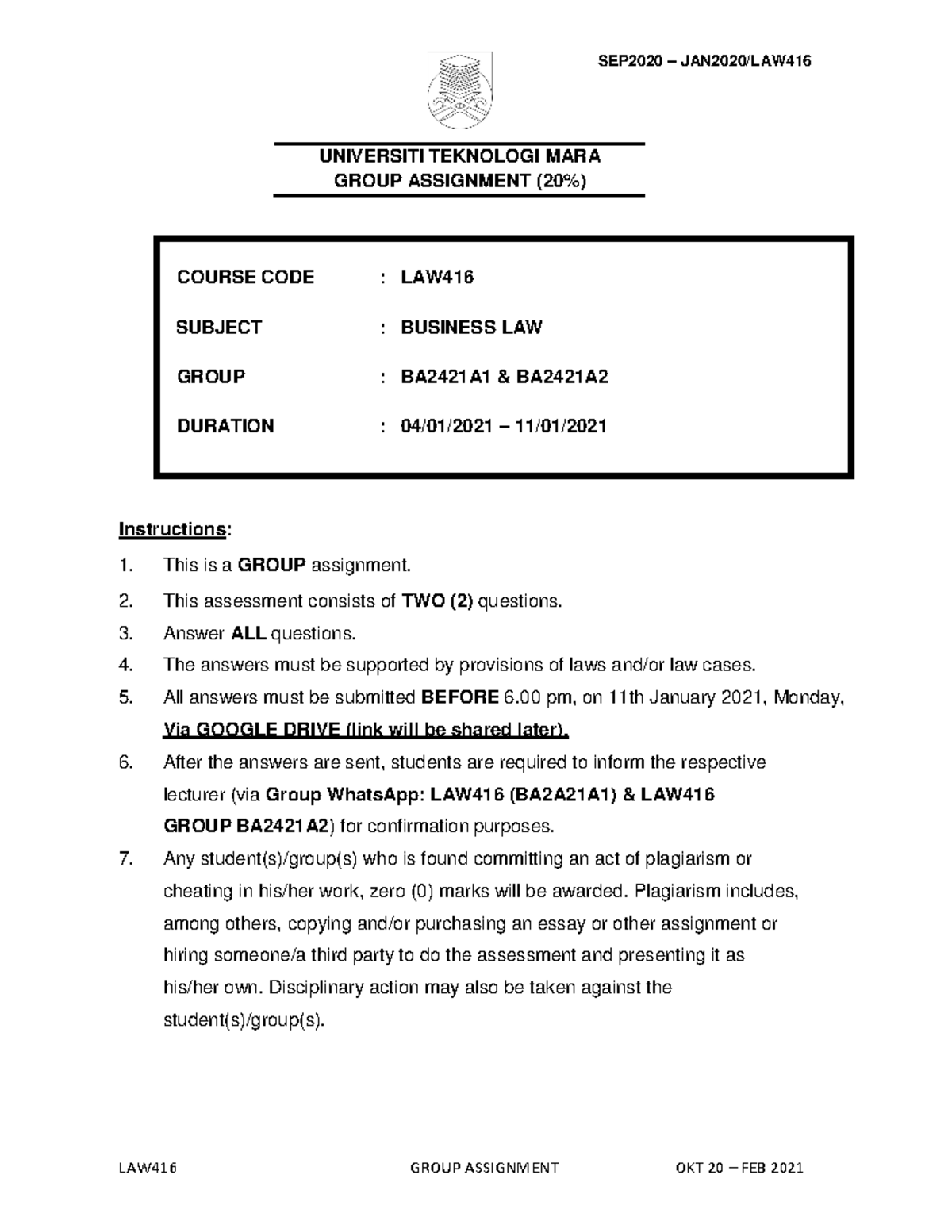 Group Assignment LAW416 - LAW416 GROUP ASSIGNMENT OKT 20 – FEB 2021 ...