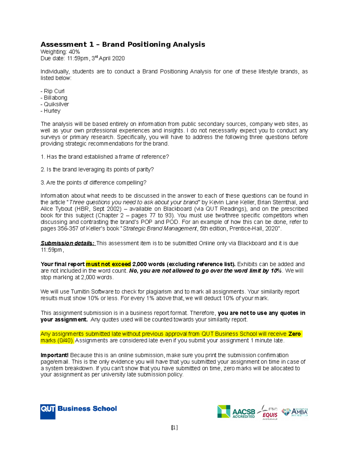 Assessment 1 - Task Sheet - Assessment 1 – Brand Positioning Analysis ...