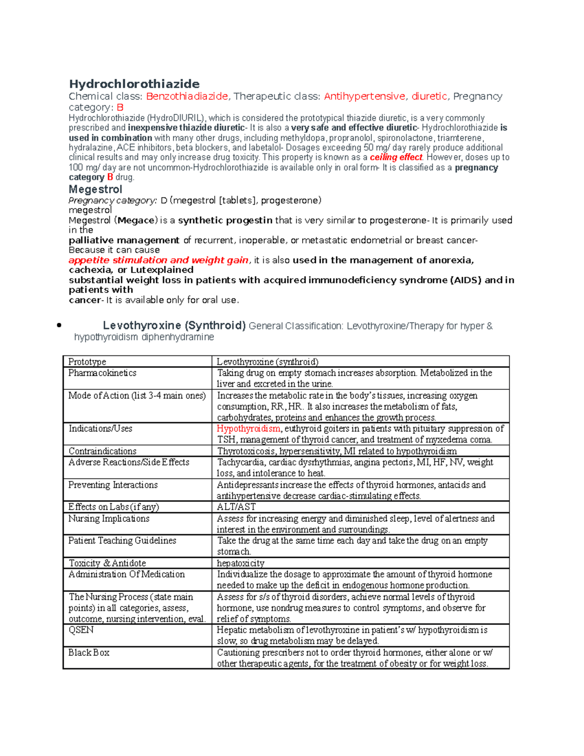 Drug review - Lecture notes 3 - Hydrochlorothiazide Chemical class ...