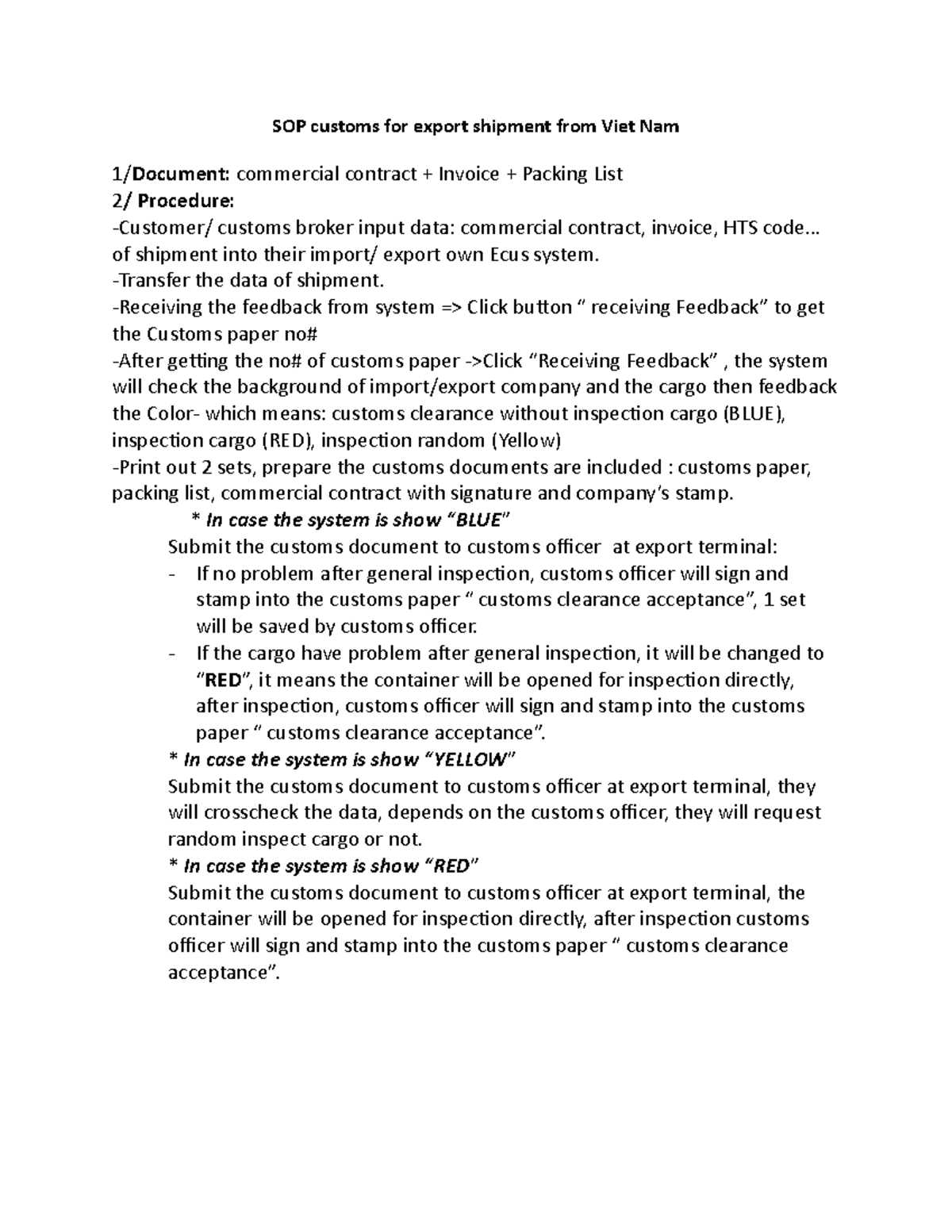 SOP customs for export shipment from Viet Nam - SOP customs for export ...