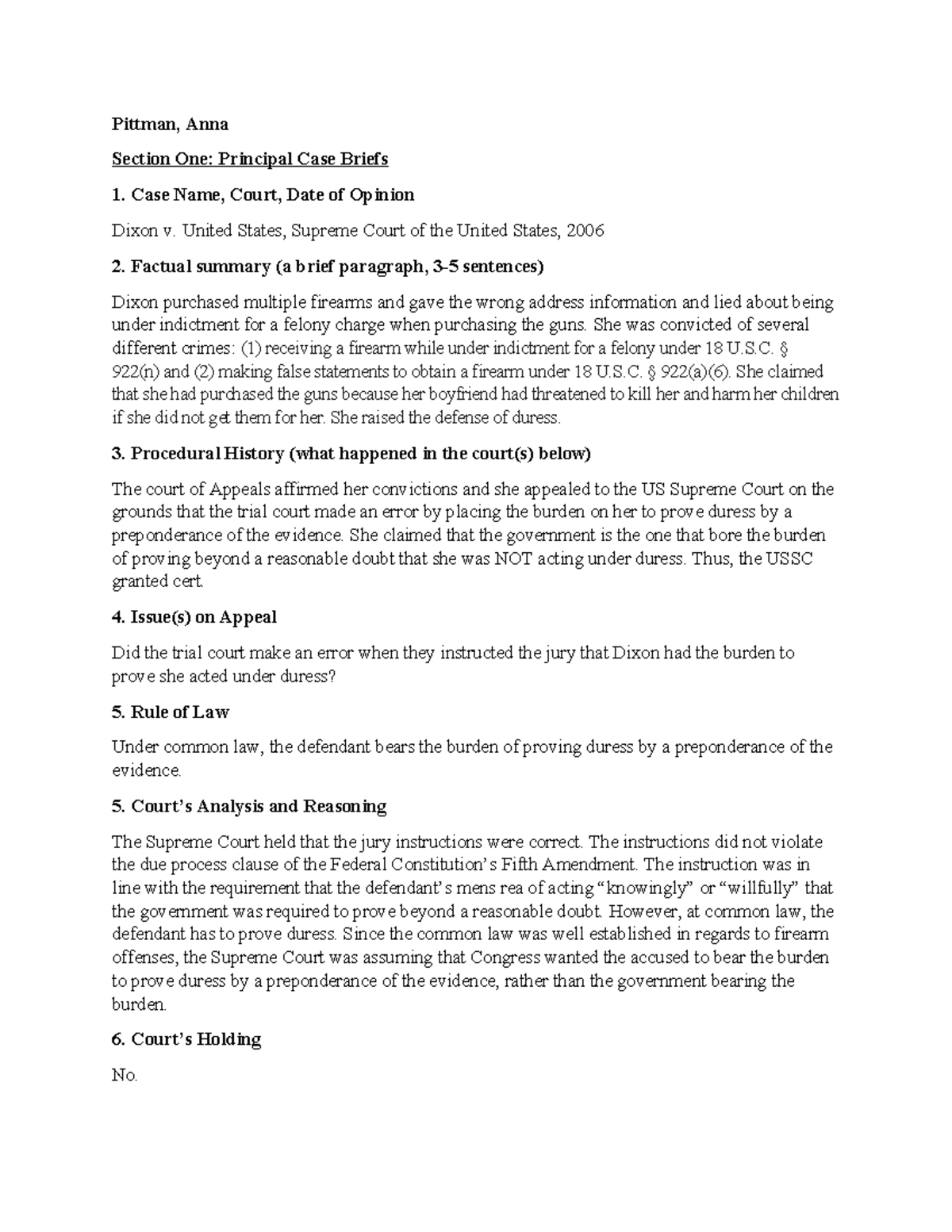 November 17 Case Briefs - Pittman, Anna Section One: Principal Case ...