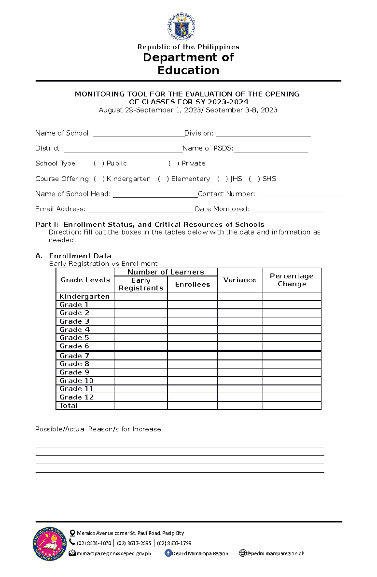 Monitoring Tool for the Opening of Classes - MONITORING TOOL FOR THE ...