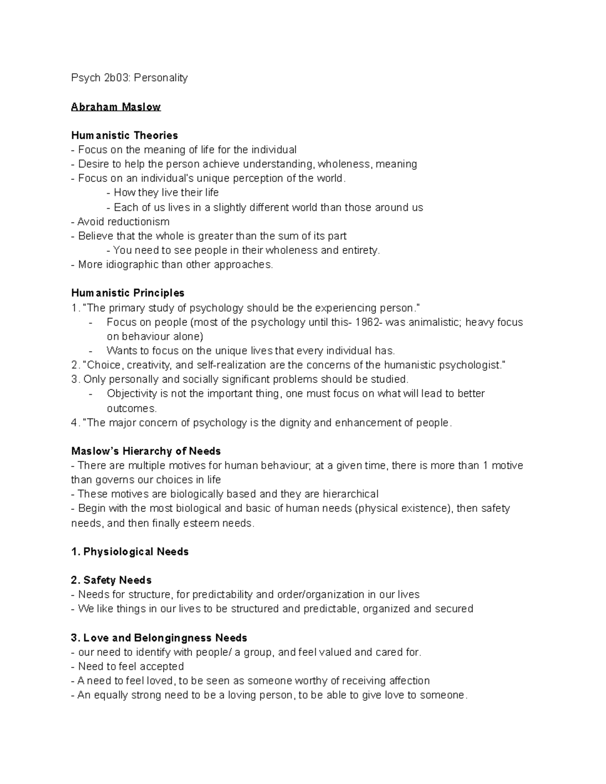 2b03 Abraham Maslow - Lecture notes 5-7 - Psych 2b03: Personality ...