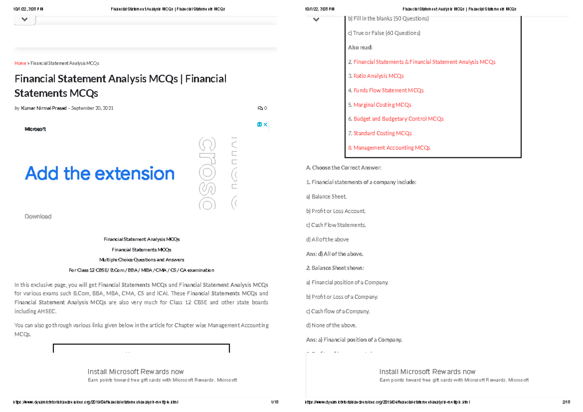 Financial Statement Analysis MCQs Financial Statements MCQs - These Financial Statements MCQs ...