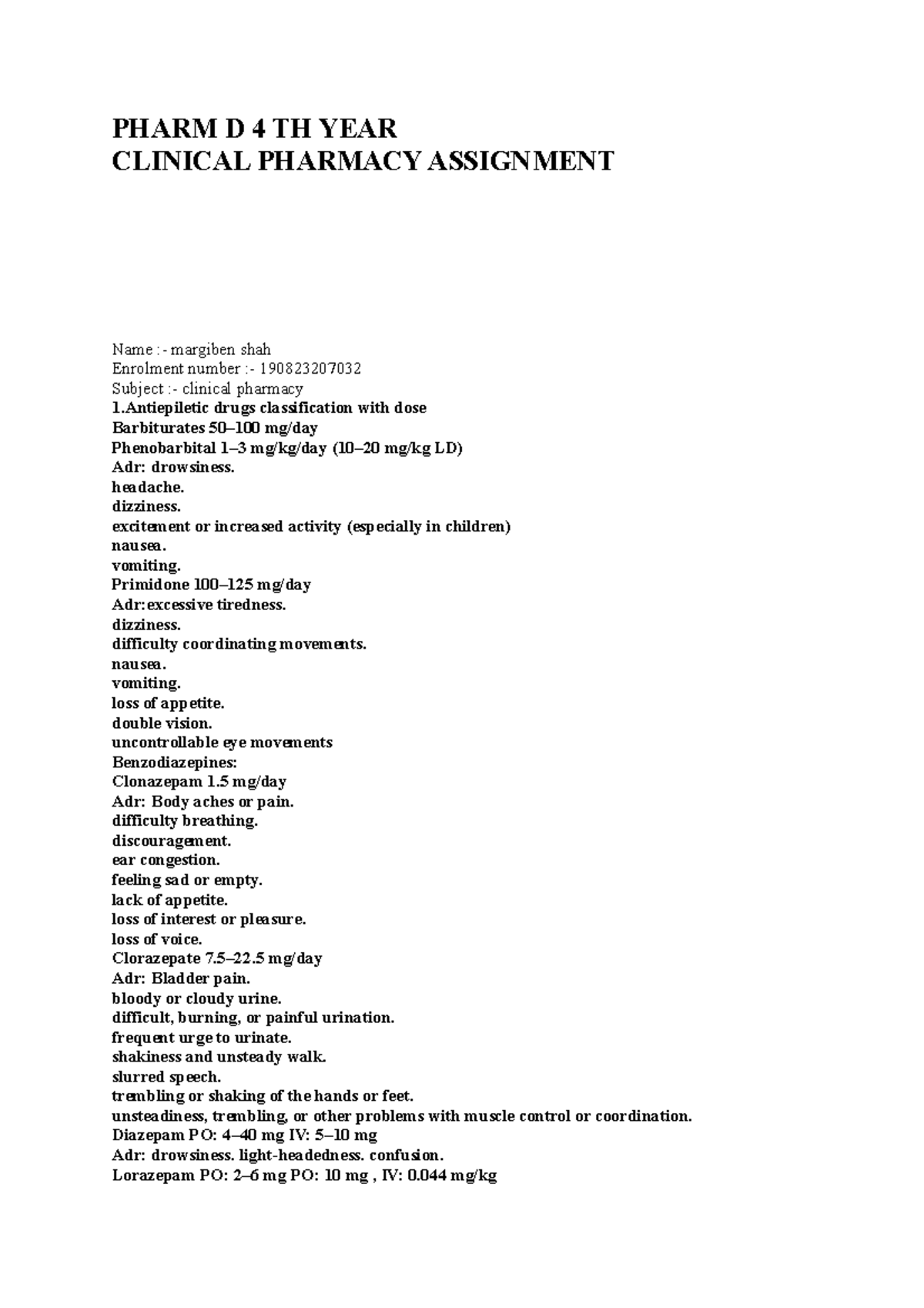 All file - drug - PHARM D 4 TH YEAR CLINICAL PHARMACY ASSIGNMENT Name :- margiben shah Enrolment ...